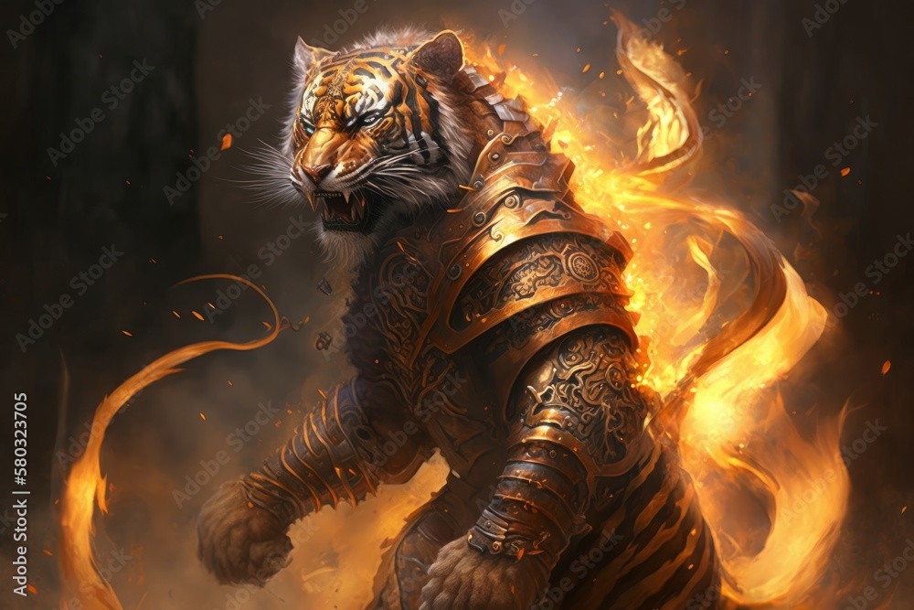 Angry tiger warrior with fire power and wearing golden armor ...