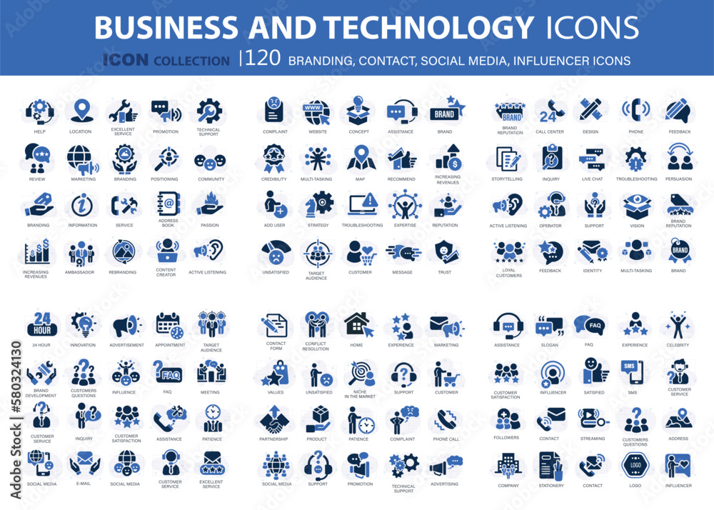 Customer service, branding, influencer, contact icon set. Contact us ...