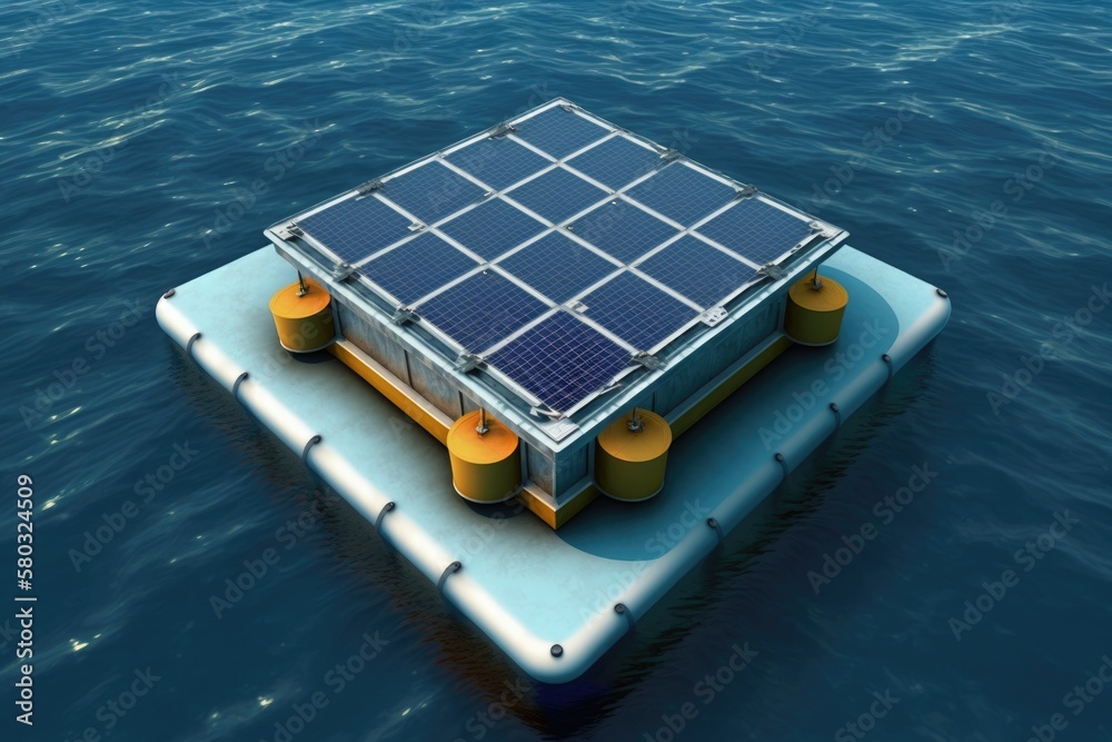 Solar panels or solar cells atop a buoy floating in a lake, sea, or ocean are seen from above. a ...