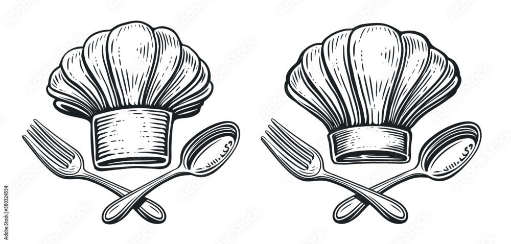 Cook hat with fork and spoon. Chef emblem or badge for restaurant or ...