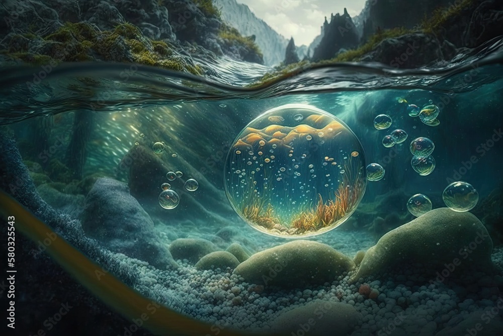 ภาพประกอบสต็อก Water bubbles by the water, a quick stream, and an ...