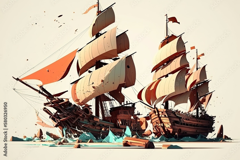 Ships made of wood, solitary wooden boats with white sails. Old and ...