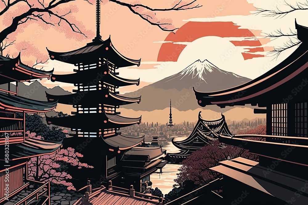 fuji line art, Japan, japanese culture, landscape scenery, pagoda, AI ...