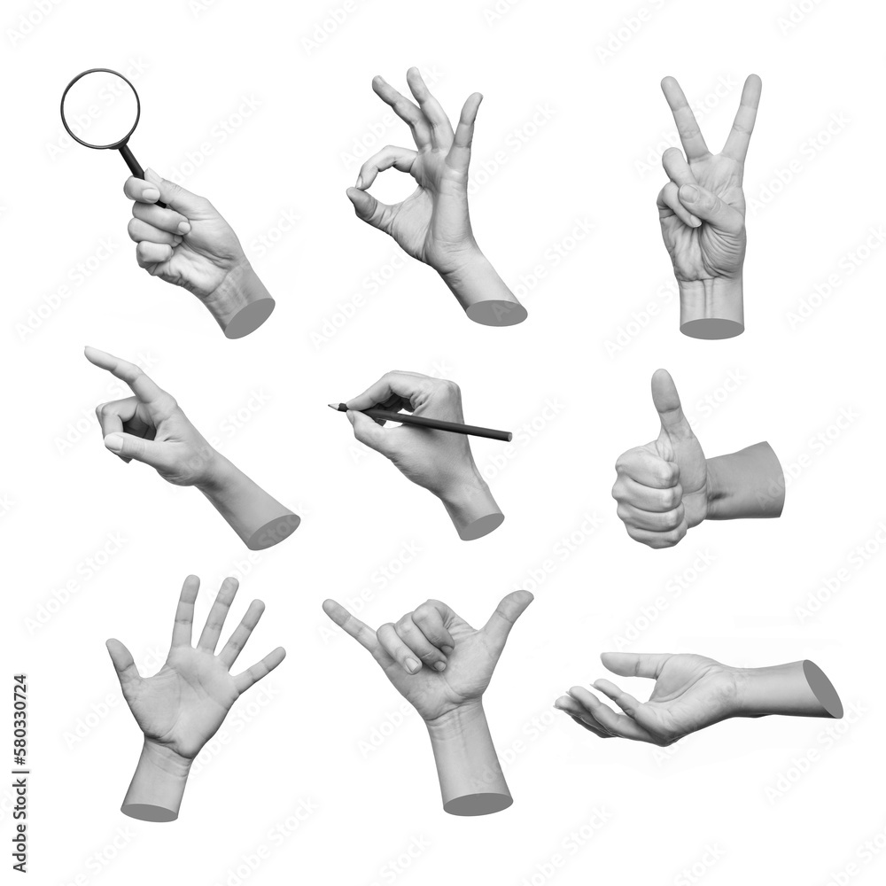 Set of 3d hands showing gestures such as ok, peace, thumb up, point to ...