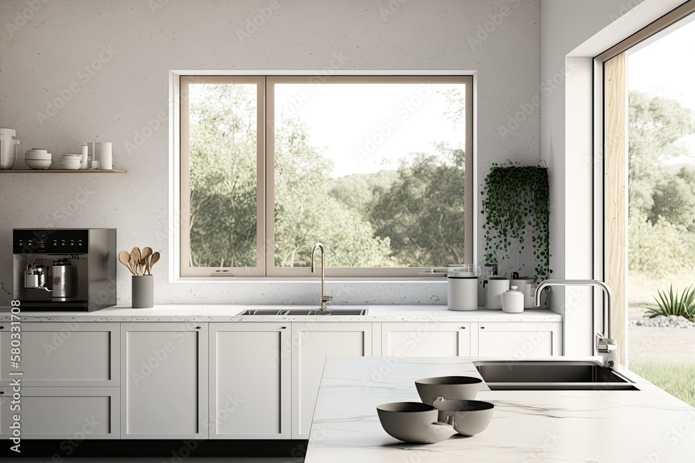 beautiful morning in a luxury minimal modern kitchen with blank space ...