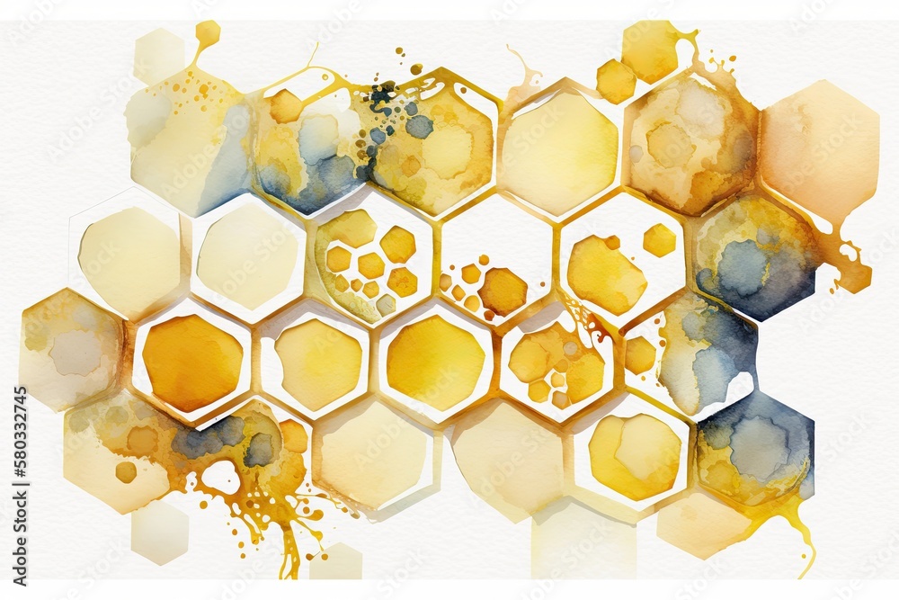 painting in watercolor with a continuous honeycomb design. Yellow honeycombs in an adorable ...