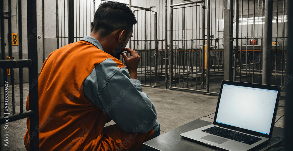 back view of a prisoner in orange suit sitting at table with and ...