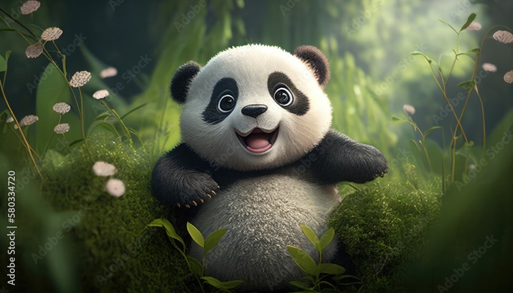 cute baby panda happy in the forest. Created with Generative AI. Stock-Illustration | Adobe Stock