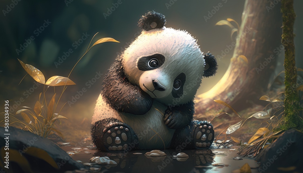 cute baby panda sad in the forest. Created with Generative AI. Stock ...