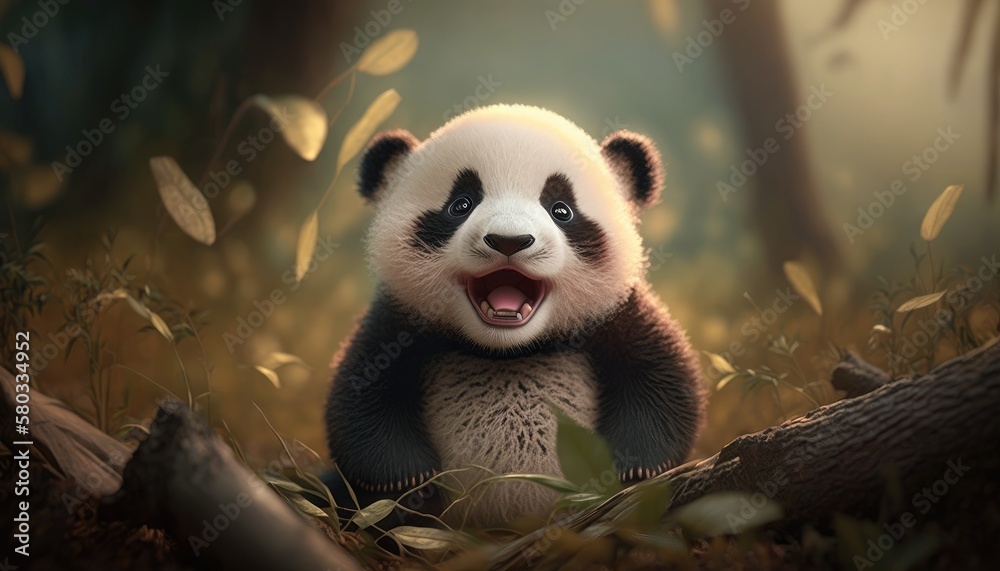 cute baby panda happy in the forest. Created with Generative AI. Stock ...