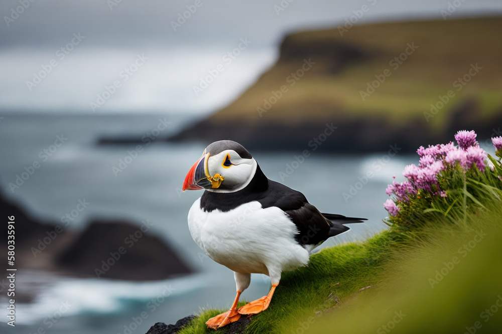 Arctic puffin bird (Fratercula arctica) on the steep cliffs of Iceland ...