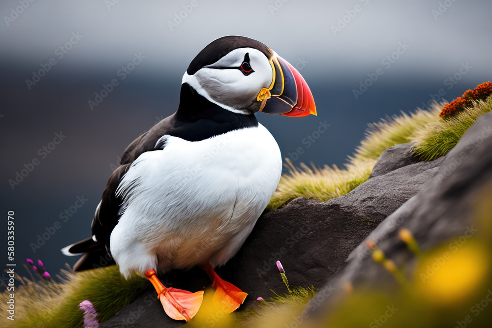 Arctic puffin bird (Fratercula arctica) on the steep cliffs of Iceland ...