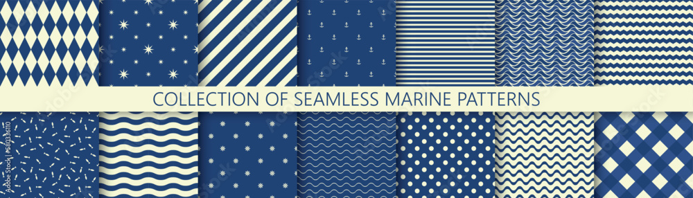 Collection of simple geometric seamless sea patterns. Blue marine ...