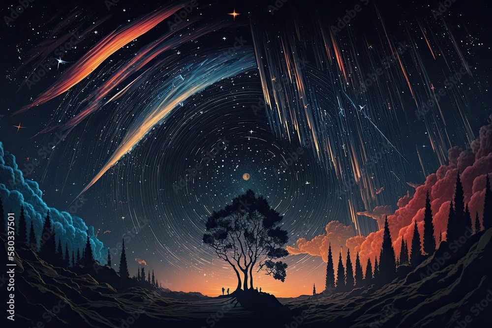 Fantasy digital art style illustration design with meteor star trails ...