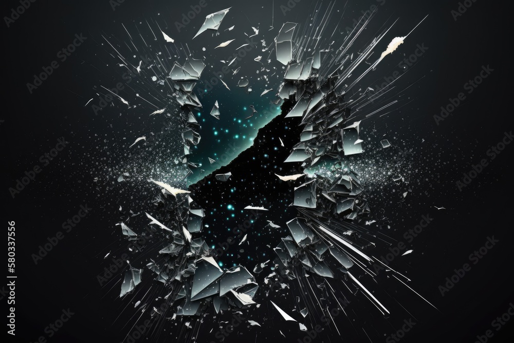 Glass breaks into fragments. Sharp flying particles from a realistic ...