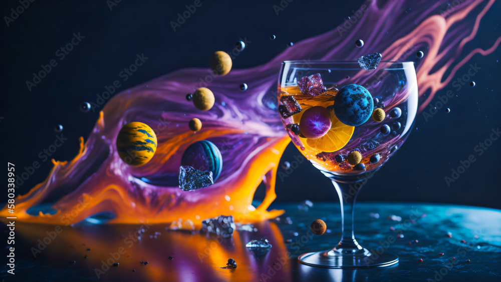 Transparent glass with a cosmic cocktail - planets, stars and nebulae ...