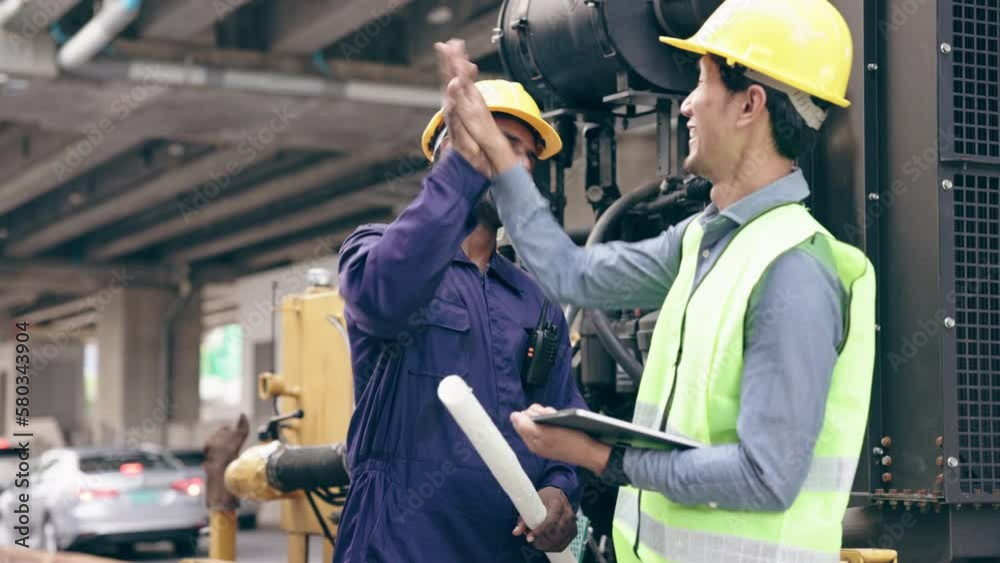 Structural engineers and construction workers are holding blueprints ...