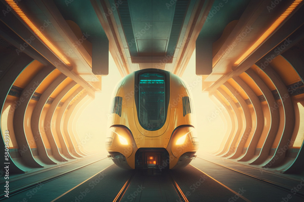 futuristic modern train, monorail fast driving in sci fi tunnel ...
