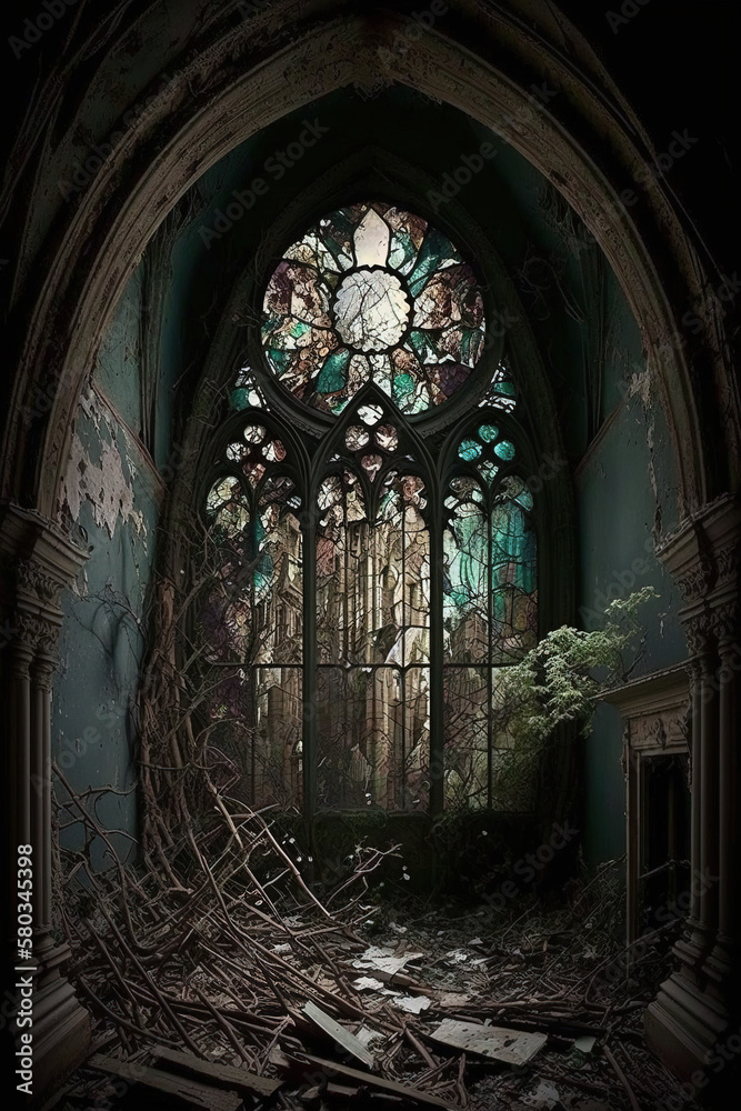 Abandoned church with crumbling walls and eerie whispers, shattered ...