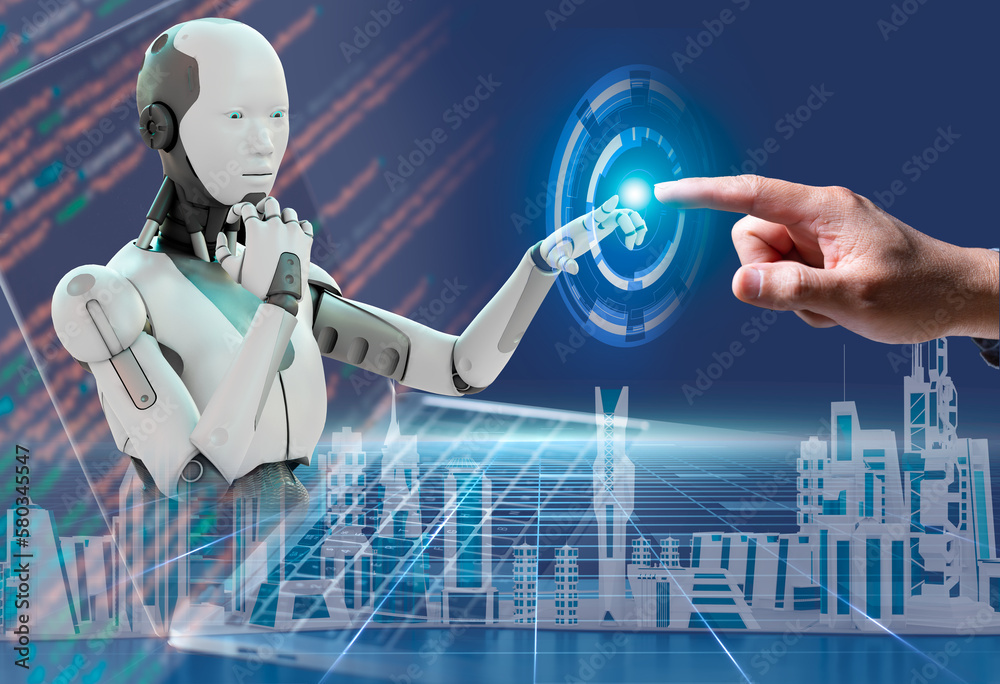 Hands of robot and human touching on big data network connection ...