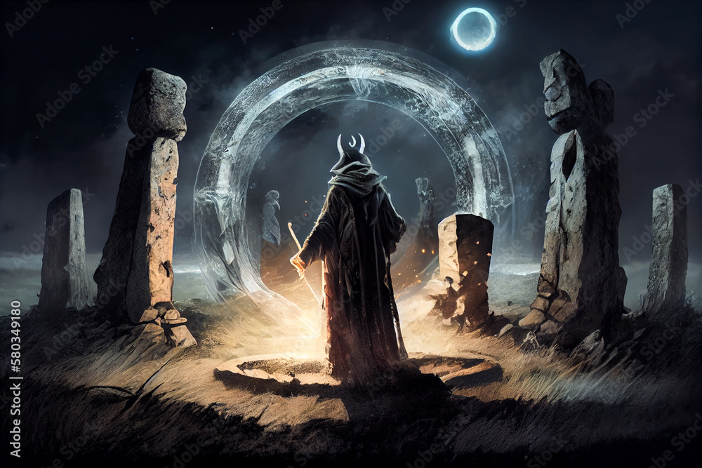 Mystical druid performing a ritual in a circle of standing stones ...