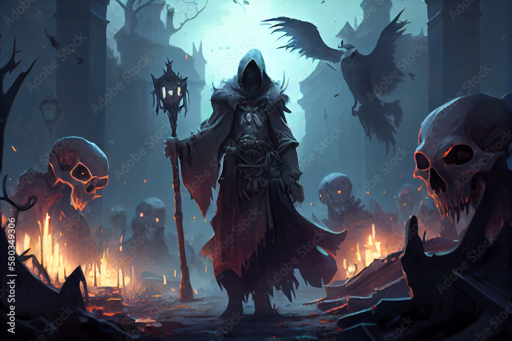 Powerful necromancer summoning undead creatures in a desolate graveyard ...