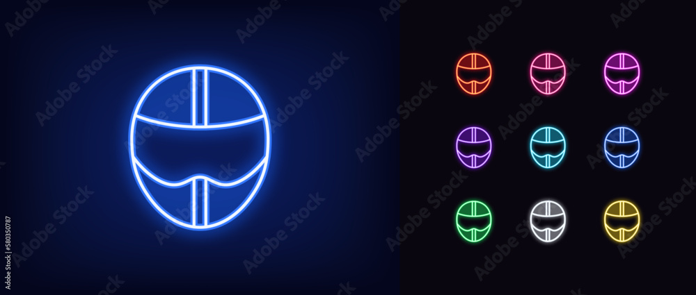 Outline neon racing helmet icon set. Glowing neon biker or driver ...