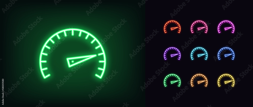 Outline neon speedometer icon set. Glowing neon speedometer with scale ...