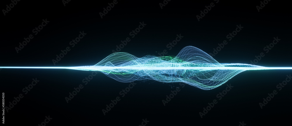 Green and blue sound waves, illustration of abstract wireframe ...