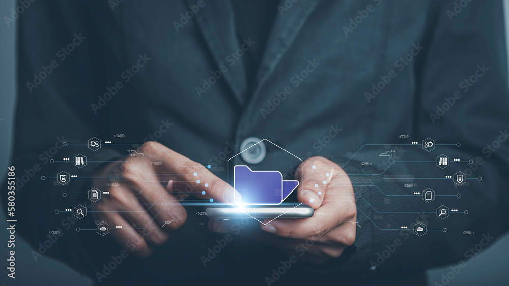 Document Management System(DMS) concept. File folder with linked blank ...