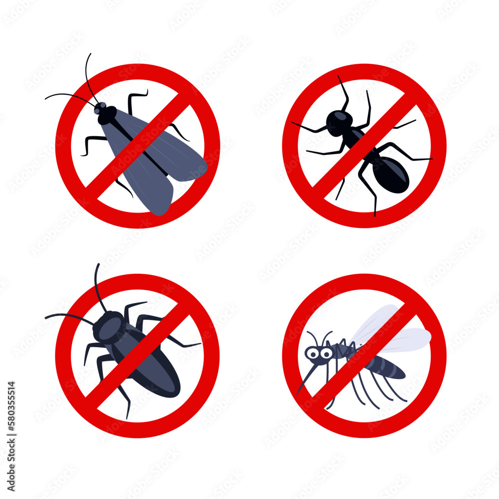 Stop insects. Cockroach, mosquito, ant, moth silhouettes. Warning ...