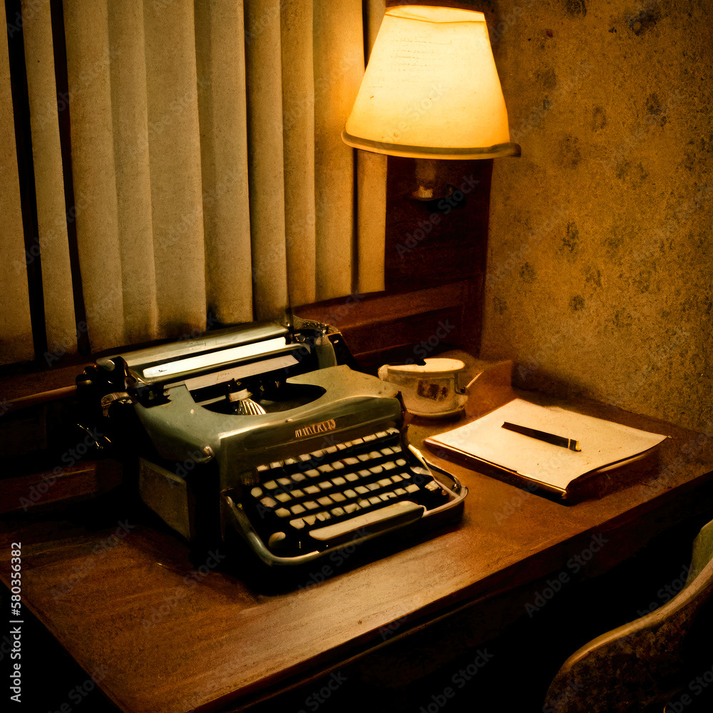 An old typewriter stands on a desk in an empty hotel room. ai ...