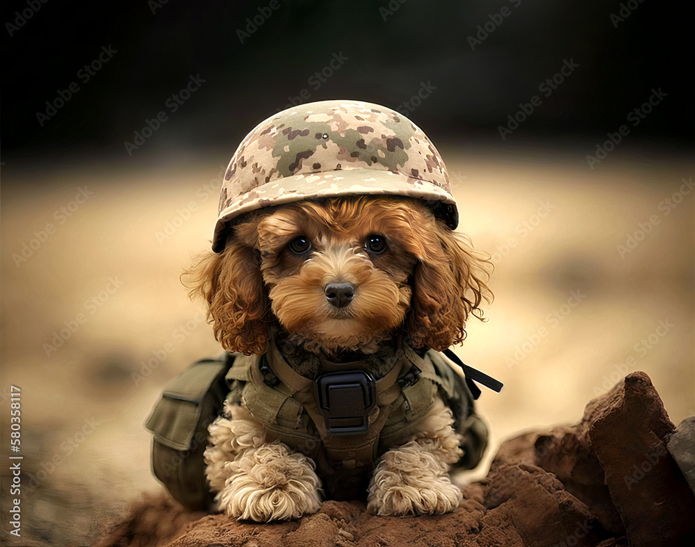Cute cockapoo dog in an army outfit AI generative Stock Illustration ...