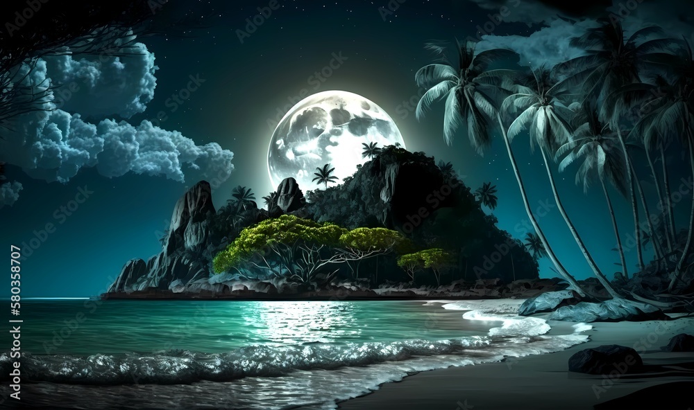 Generative AI Full moon over tropical island with palm trees Stock ...