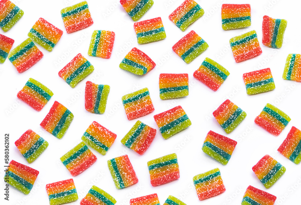 Rainbow juicy gummy candies background. Top view. Pattern from jelly ...
