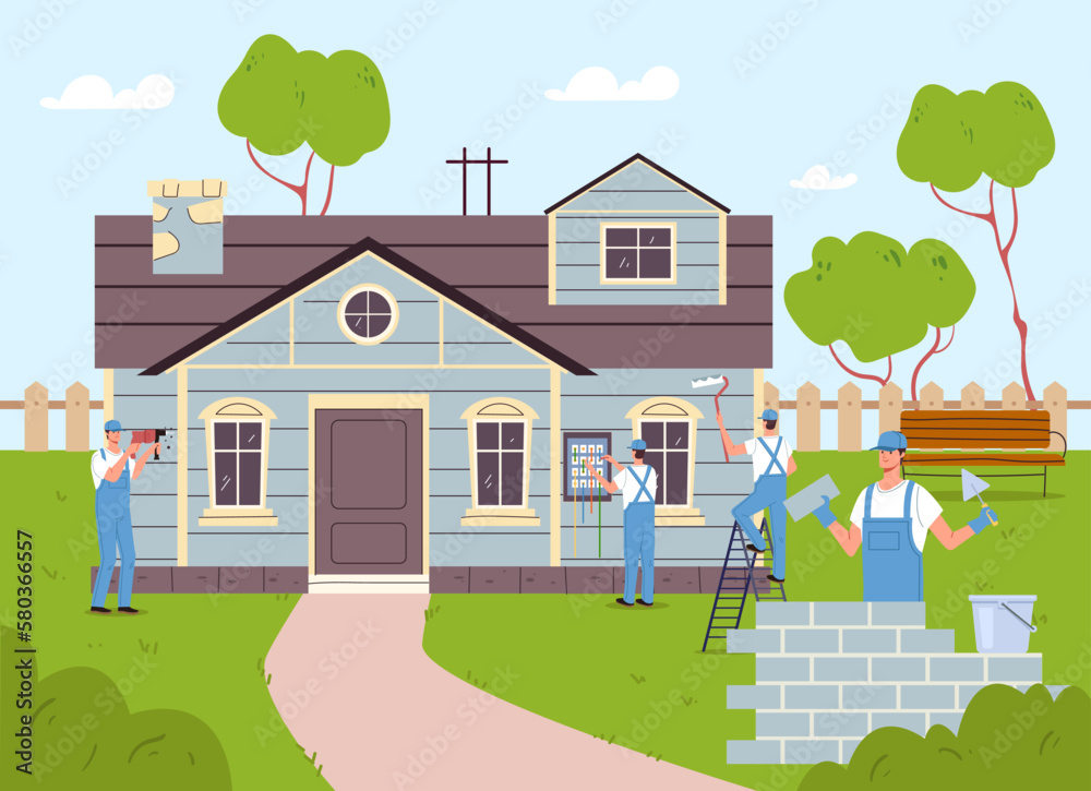 House building repair painting wall home renovate concept. Vector ...