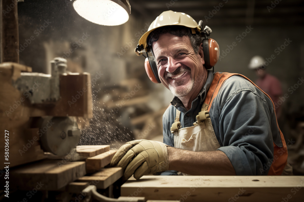 ภาพประกอบสต็อก Retrato de hombre obrero maduro, en una fábrica ...