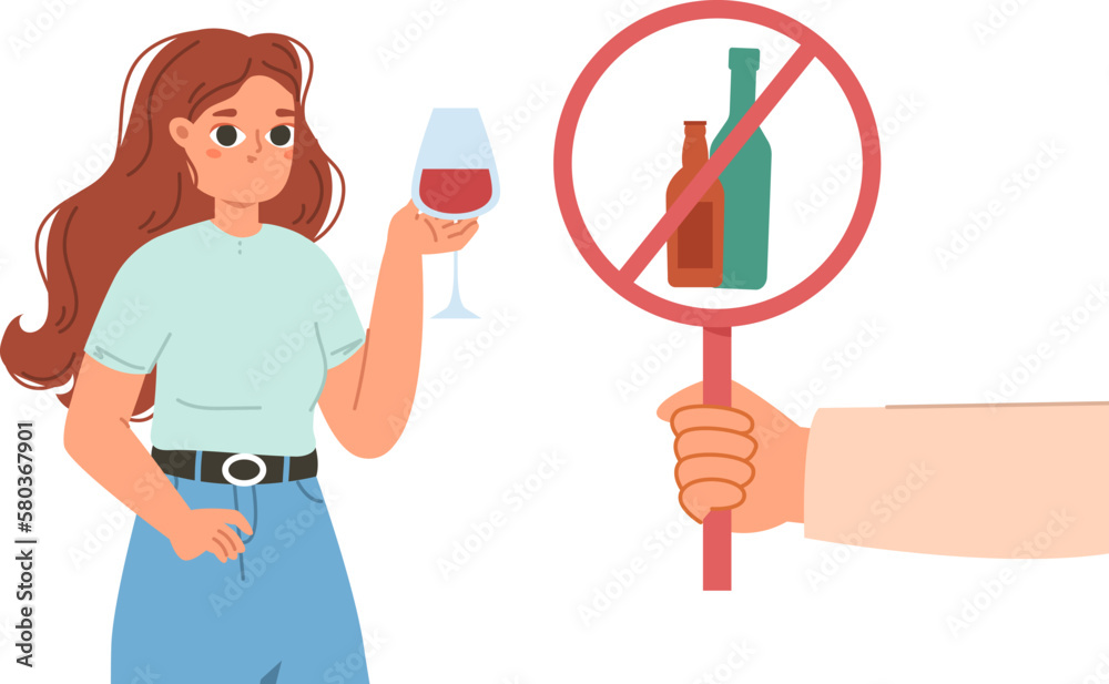Stop drinking concept. Young girl hold glass of wine, drunk woman. Bad ...