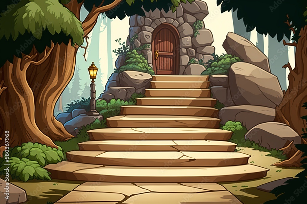 cartoon illustration, shows the stone steps and the wooden steps, ai ...