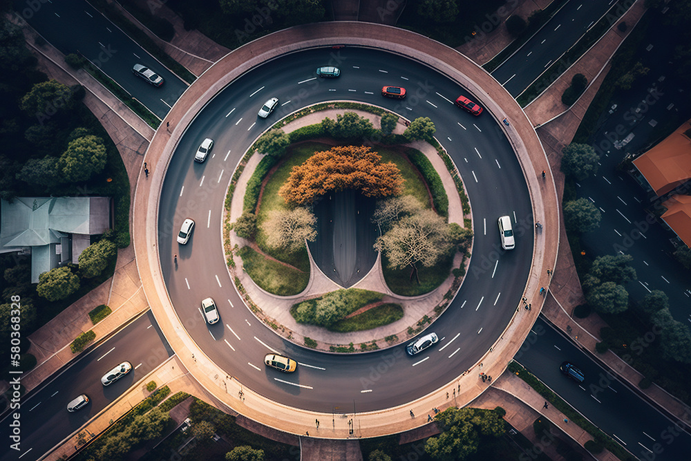Top view of car traffic on multi-lane highways or expressways, traffic ...