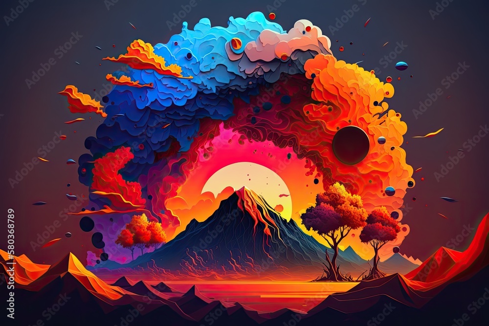 Beautiful volcano eruption raster image. Dust, lava, magma, plasma ...