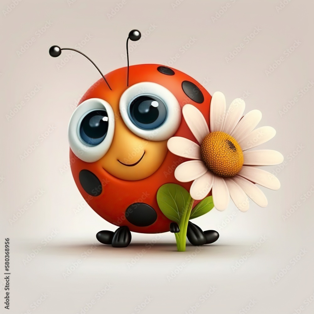 cartoon illustration, cute ladybug with a flower, ai generative Stock ...