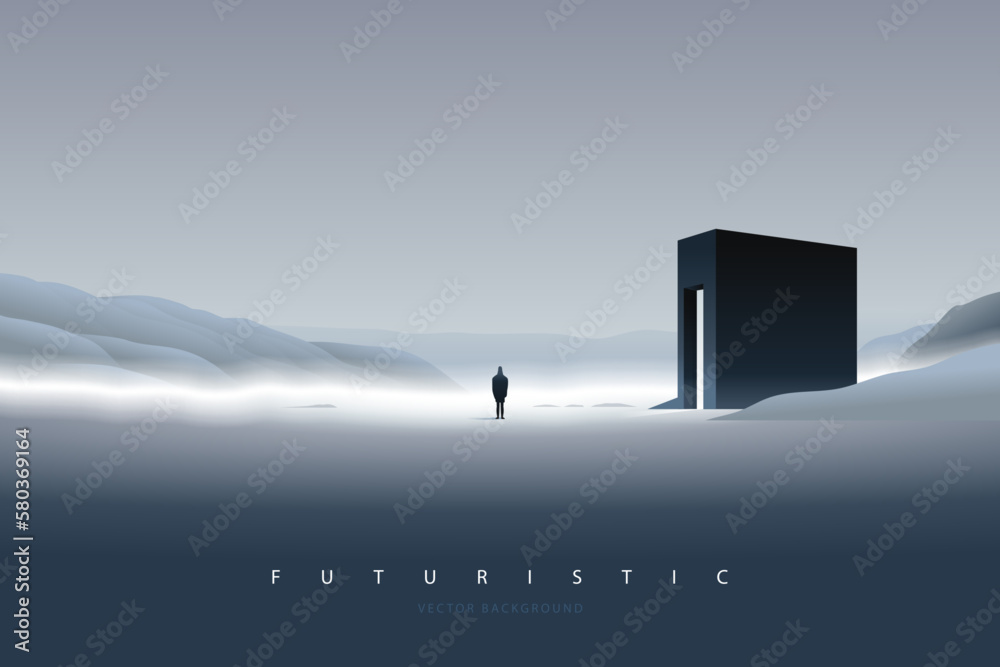 Futuristic technology background with a lonely figure. Sci-Fi poster ...