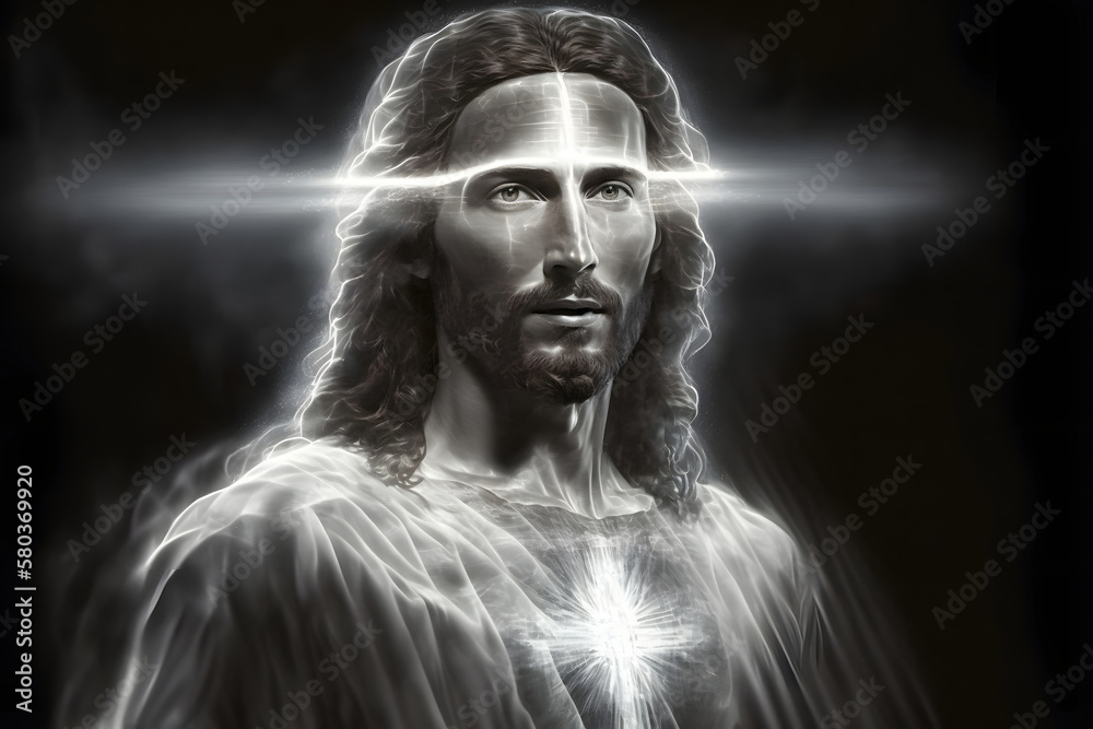 hologram of Jesus Chist on black background, neural network generated ...