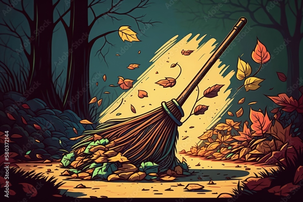 cartoon picture of a broom moving among the leaves. Generative AI Stock ...