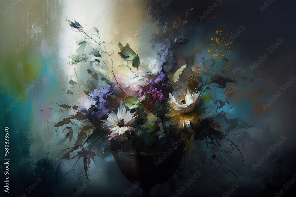 A captivating and abstract oil painting of flowers, evoking a sense of ...