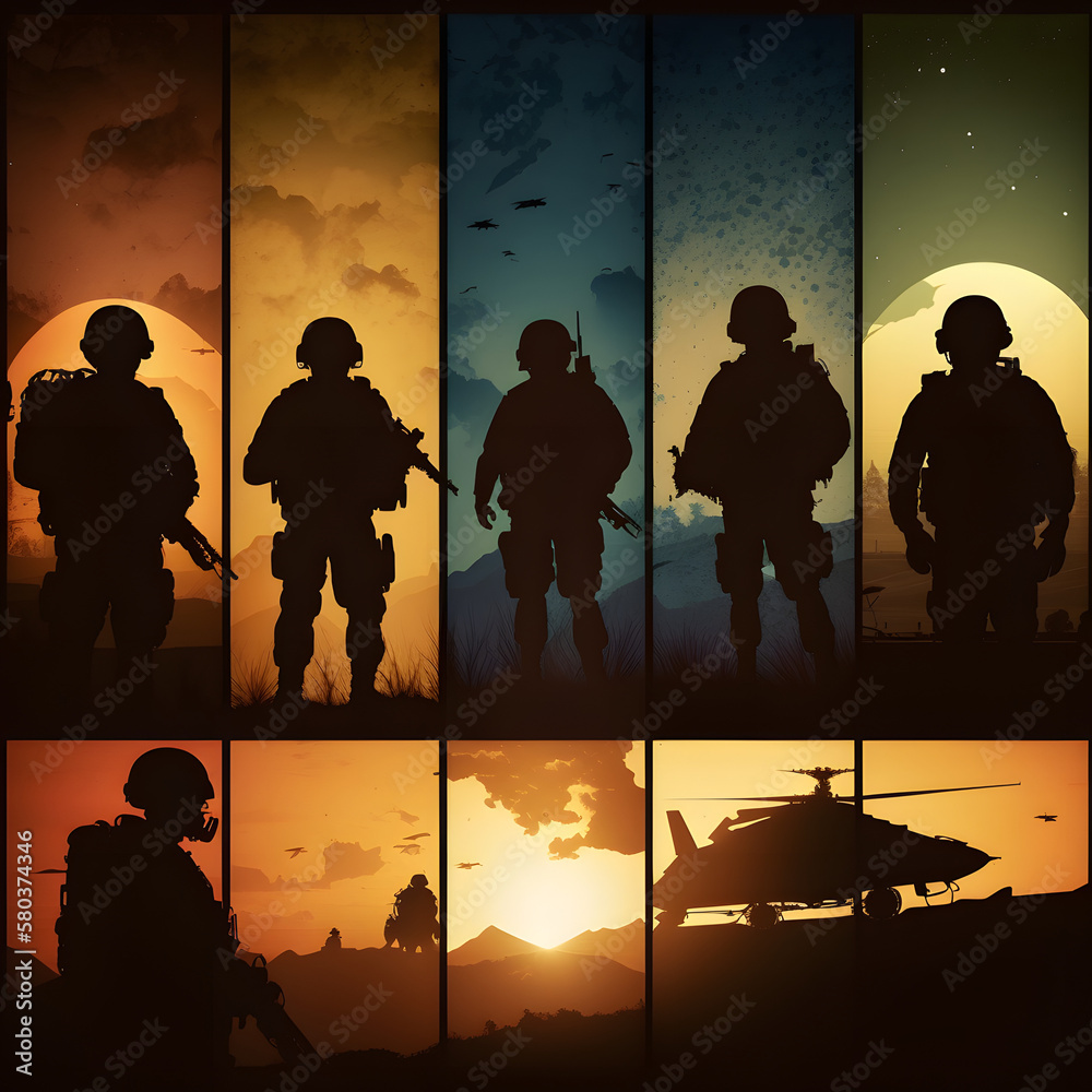 Military silhouettes on sunset sky background banner collage Stock ...