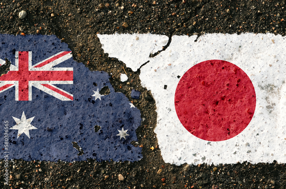 On the pavement there are images of the flags of Australia and Japan ...