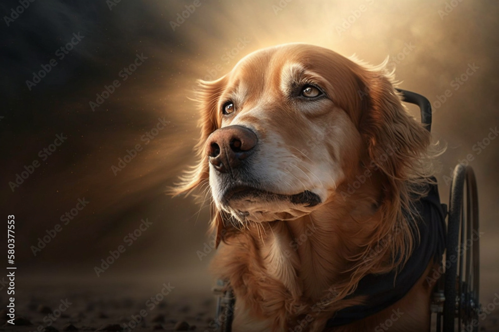 Old dog with a disability. Dog in a wheelchair. Created with Generative ...