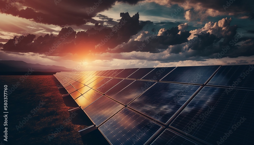 A dramatic sunset sky with photovoltaic modules of a solar power plant ...